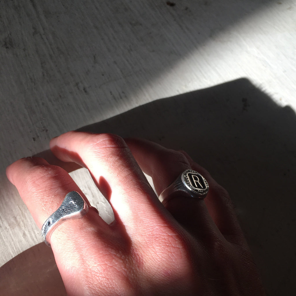 Riff Raff "R" Sterling Silver Signet Ring as worn by Reeve Carney – fables