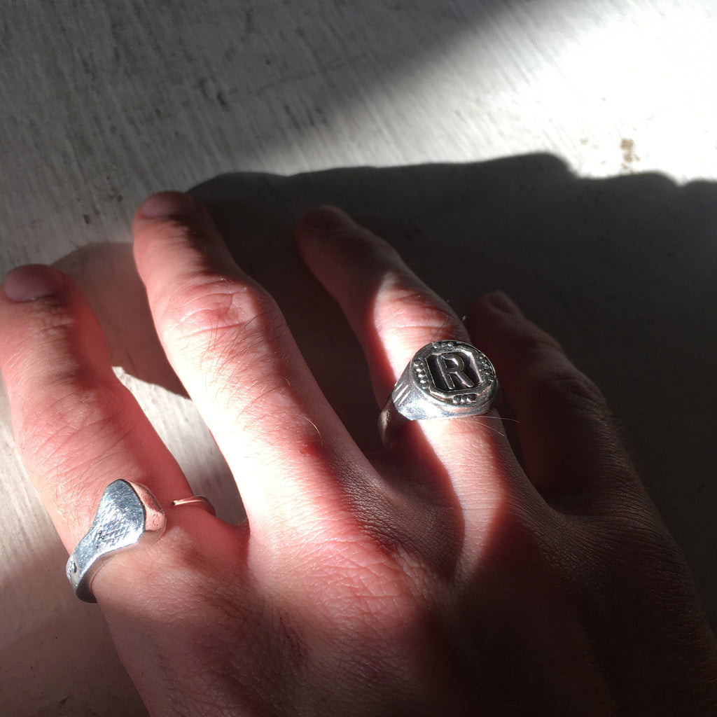 Riff Raff "R" Sterling Silver Signet Ring as worn by Reeve Carney – fables